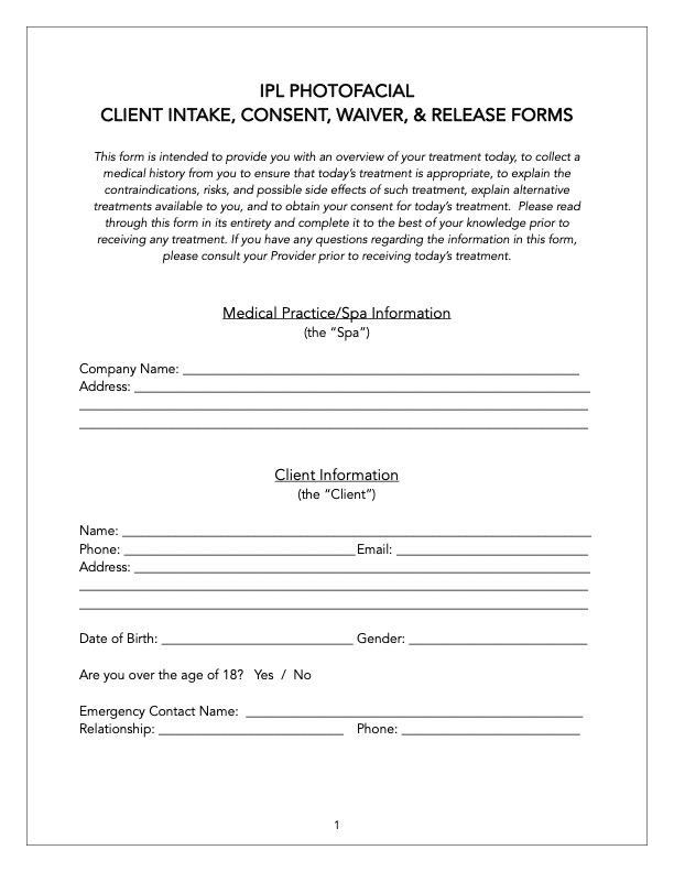 IPL Client Intake Forms Bundle IPL Photofacial Informed Consent ...