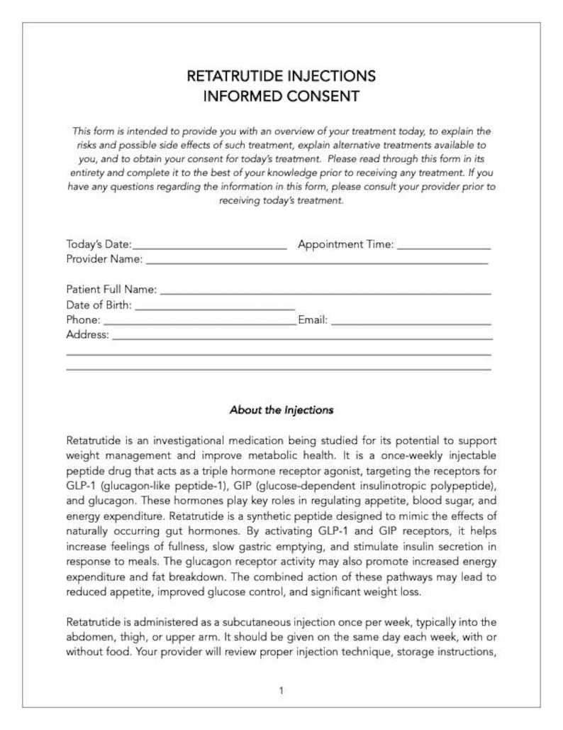 Retatrutide Consent Form Peptide Therapy Informed Consent Template GLP1 Retatrutide Weight Loss ...