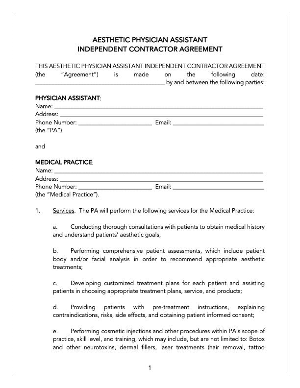 Aesthetic Physician Assistant Contract, Cosmetic PA Independent ...