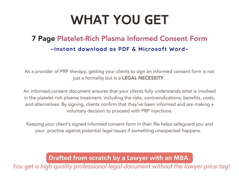 PRP Consent Form Platelet Rich Plasma Informed Consent PRP Injections Template Medical Spa ...
