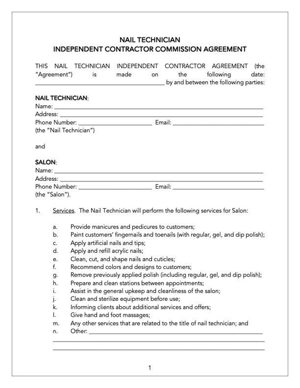 1099 Nail Tech Commission Contract Template Nail Salon Independent ...