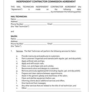1099 Nail Tech Commission Contract Template Nail Salon Independent Contractor Nail Tech ...