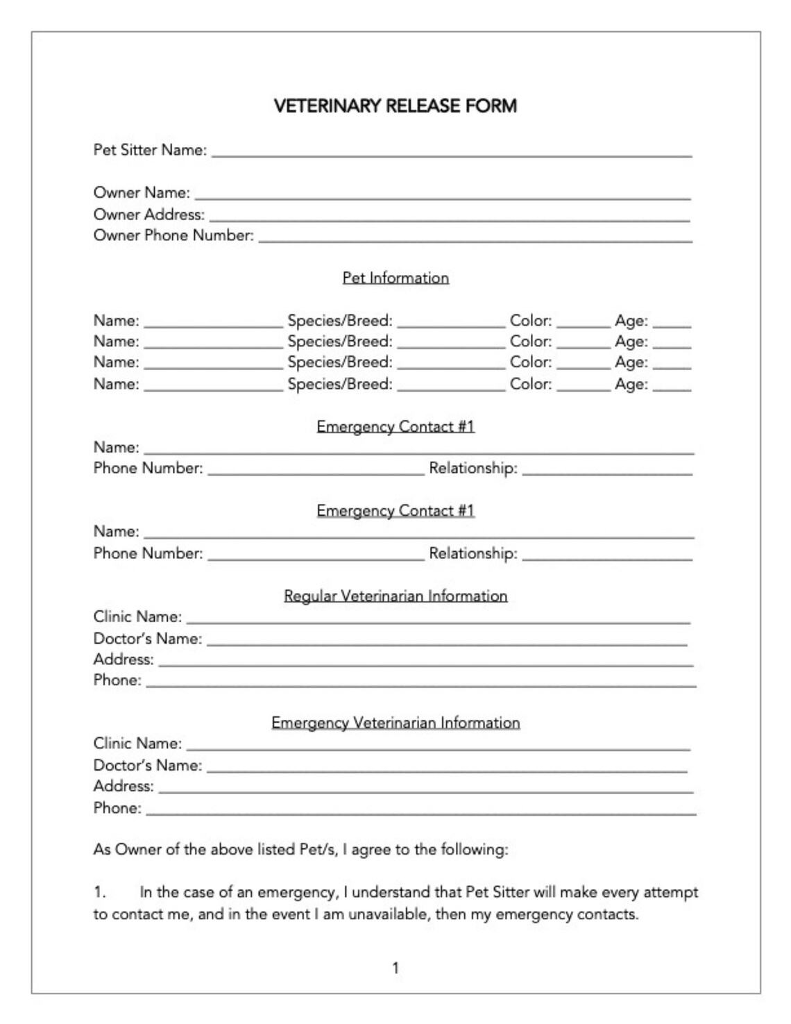 Veterinary Release Form | Pet Medical Consent Legal Template | Pet ...