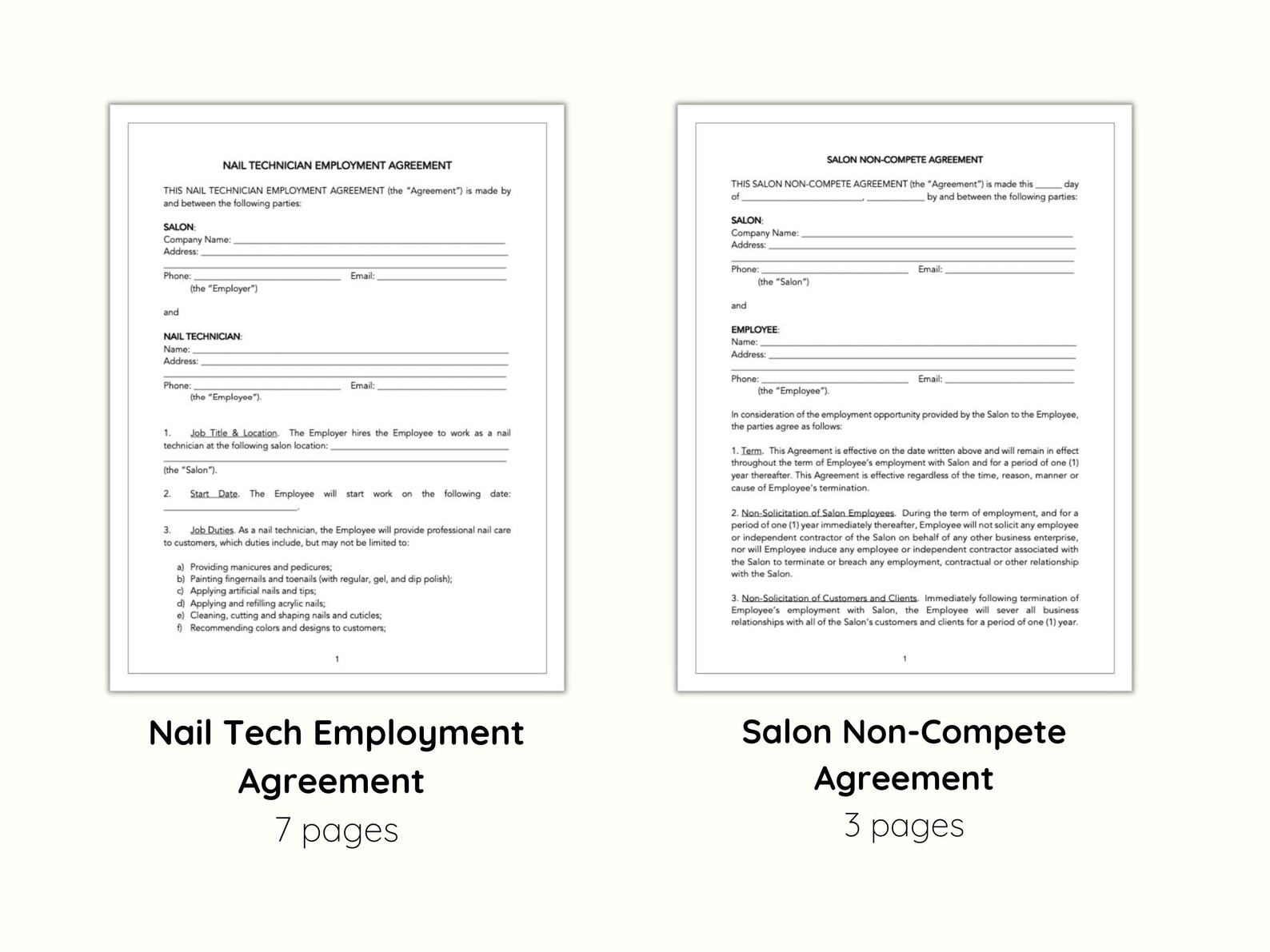 Nail Salon Employee Contract and Non Compete Agreement Template BUNDLE ...