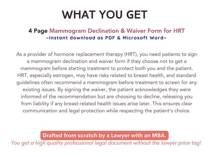 Mammogram Declination Form for HRT Mammogram Waiver and Release of ...