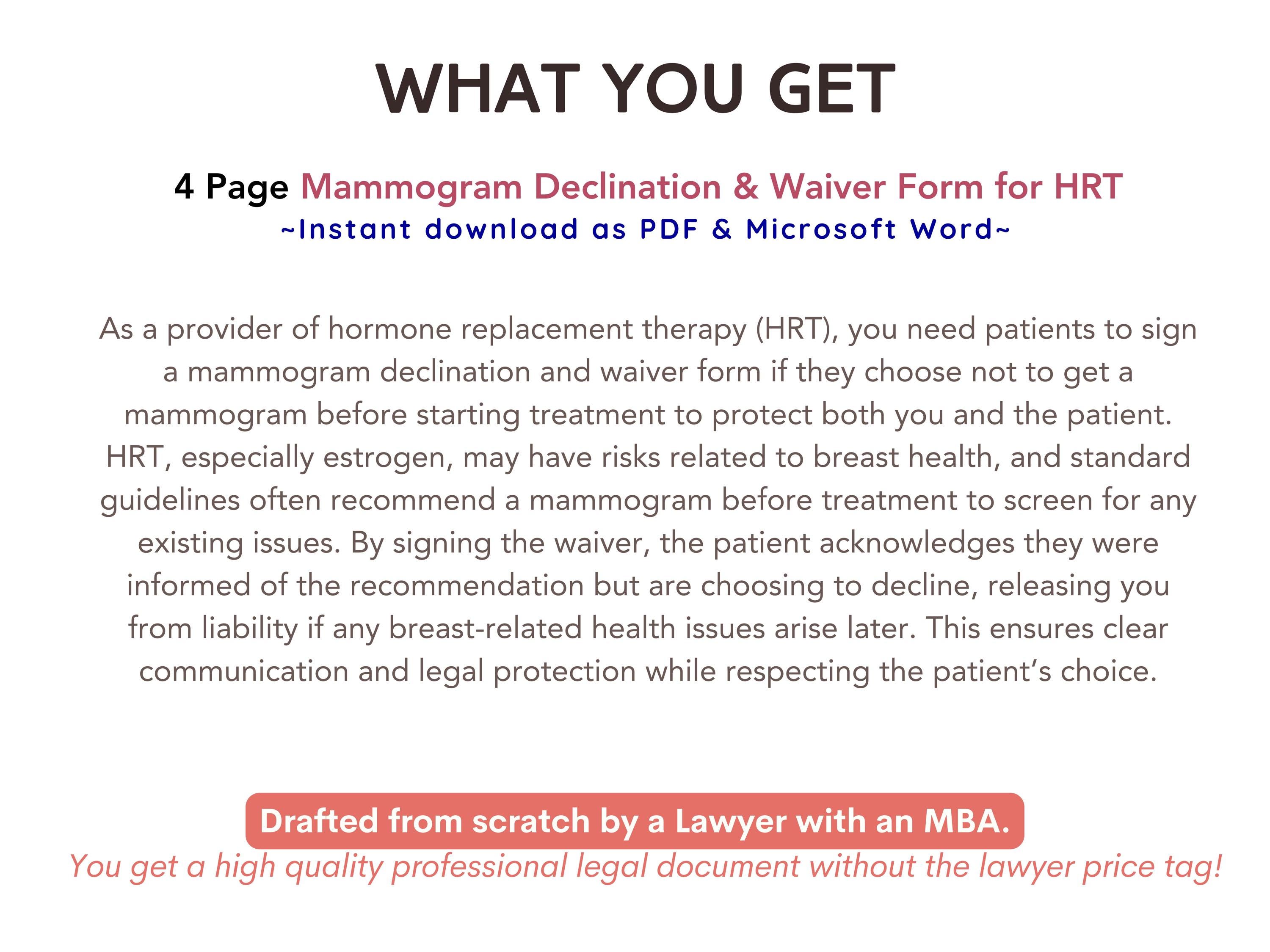 Mammogram Declination Form for HRT Mammogram Waiver and Release of ...