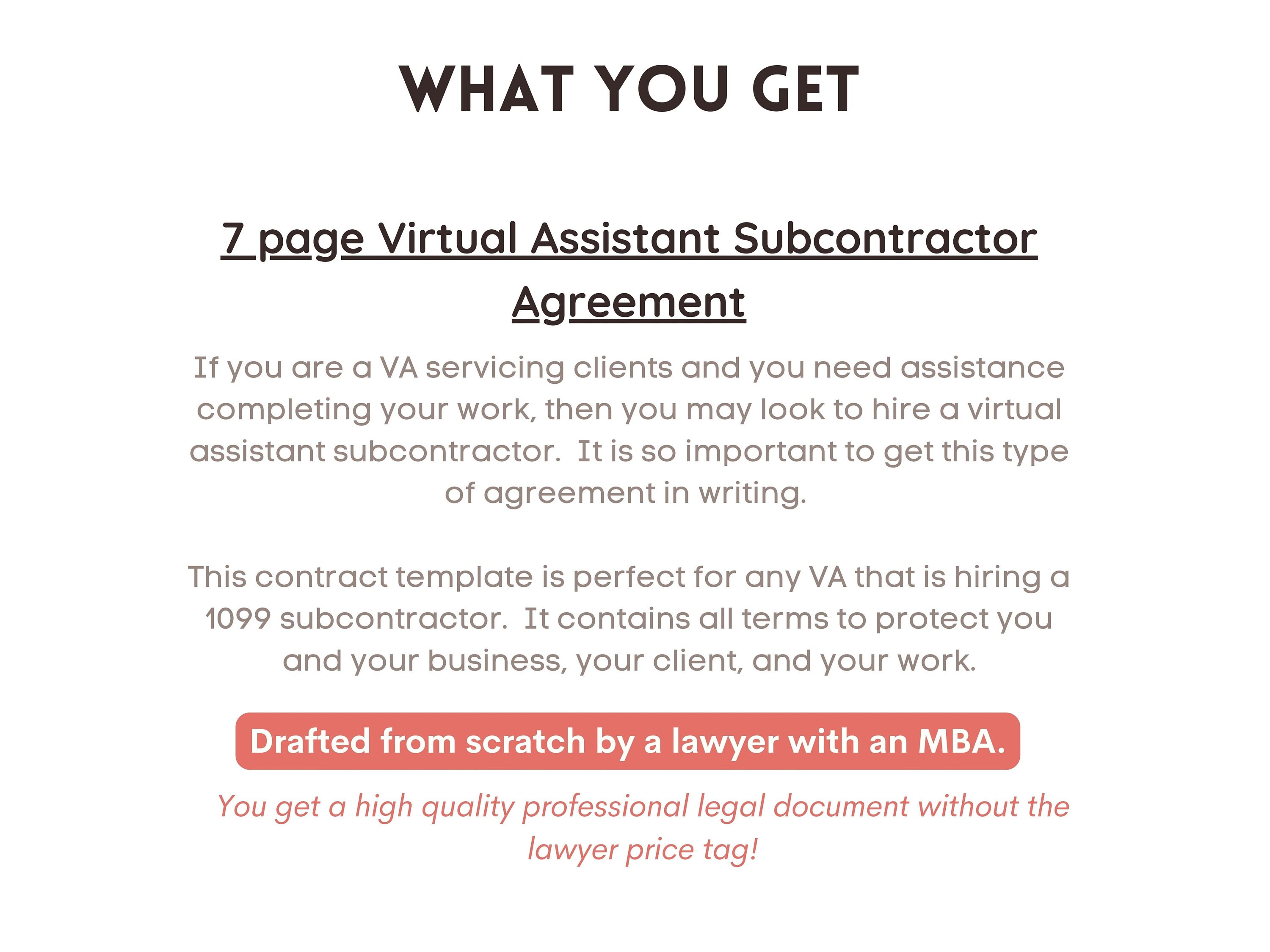 Virtual Assistant Subcontractor Agreement, 1099 VA Sub Contract ...