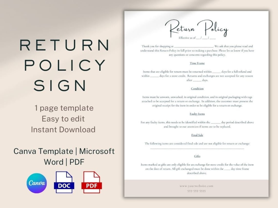 Return Policy Shop Sign CANVA Template, Boutique Return Policy Sign ...