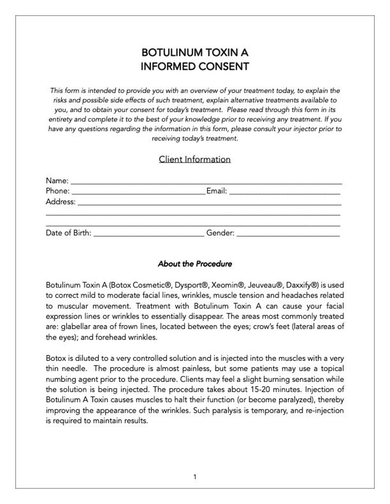 Botox Consent Form, Cosmetic Injector Informed Consent Form, Botulinum ...