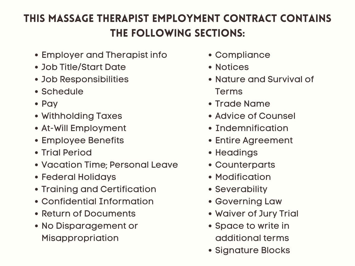 Massage Therapist Contract, Massage Therapist Employment Agreement, Spa ...