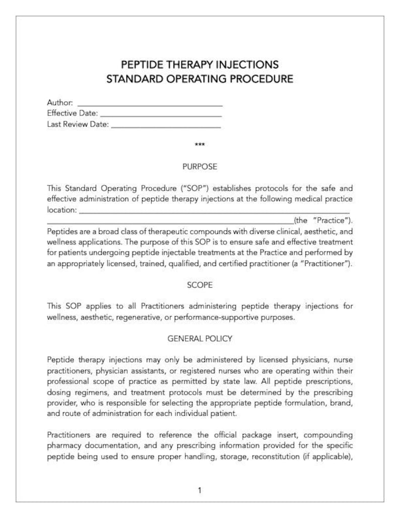 Peptide Injections SOP Template, Peptide Therapy Protocol for Medical ...