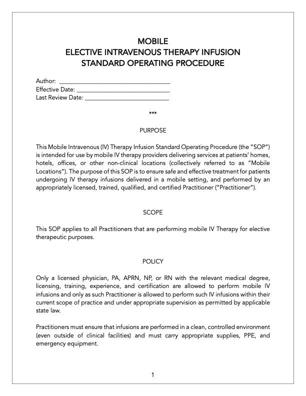 Mobile IV Therapy Protocol Mobile IV Vitamin Infusion SOP Template Iv ...