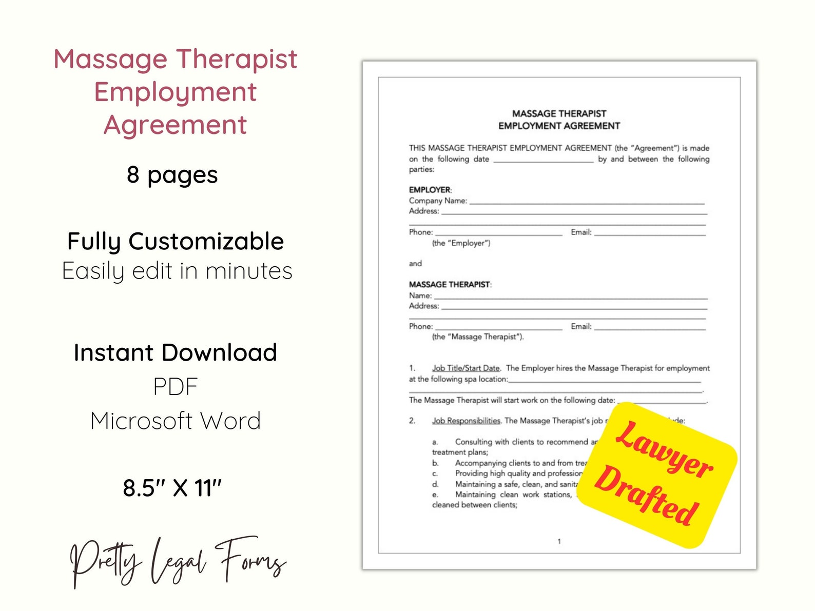 Massage Therapist Contract, Massage Therapist Employment Agreement, Spa ...
