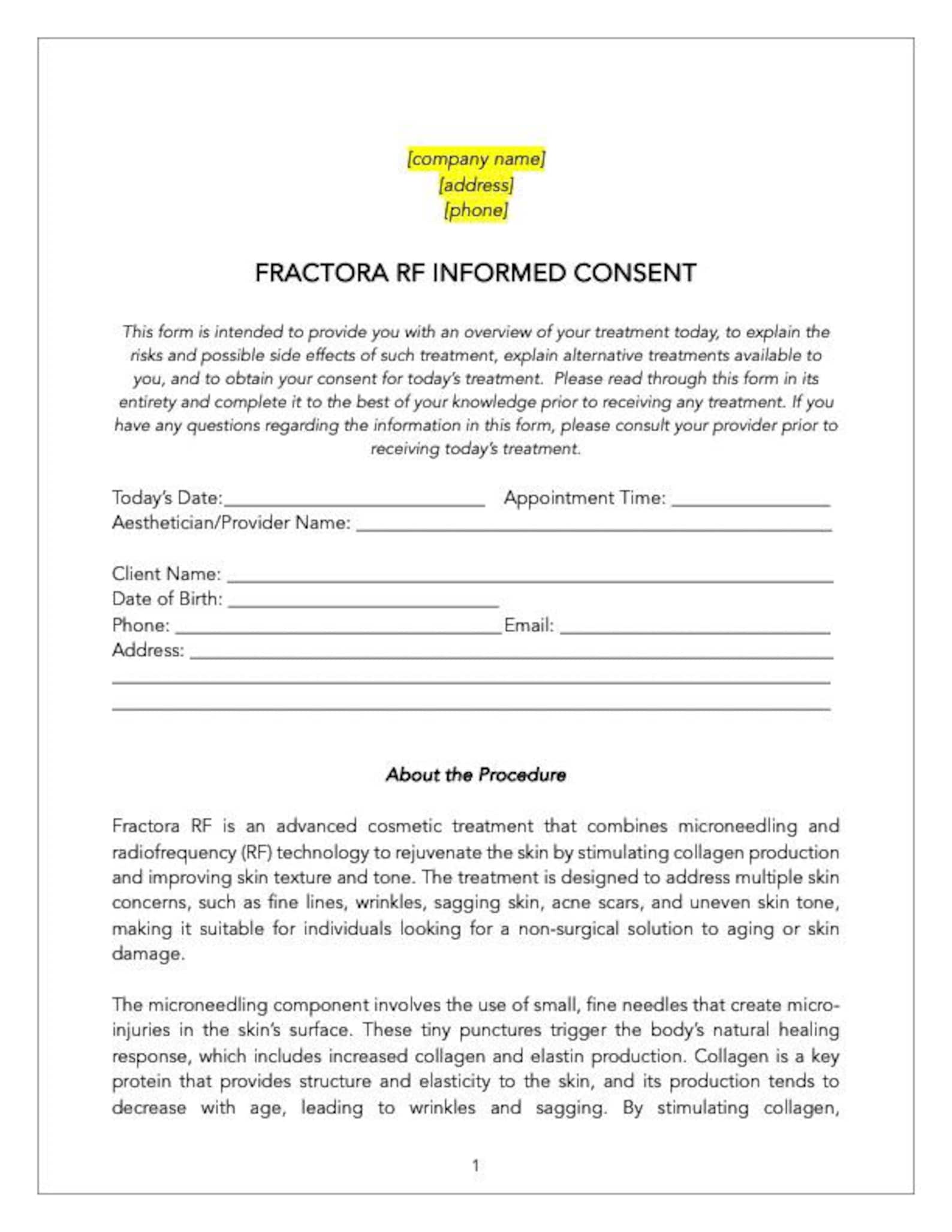 Fractora RF Informed Consent Form Facial Radio Frequency Consent Template Medical Spa RF ...