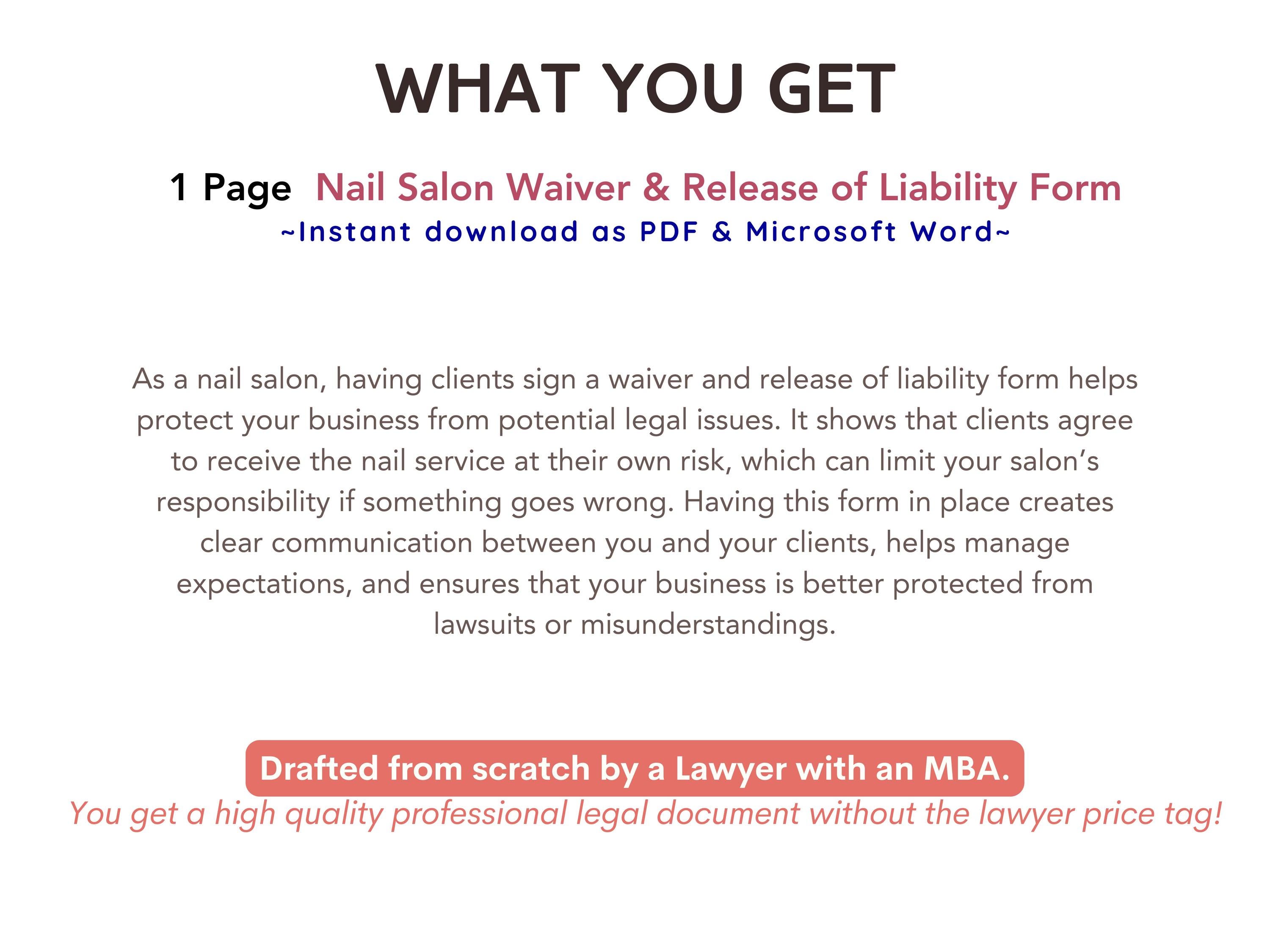 Nail Salon Waiver and Release of Liability Nail Spa Client Waiver Form ...