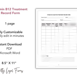 B12 Injection Treatment Record Form, Vitamin B12 Shots Treatment Log ...