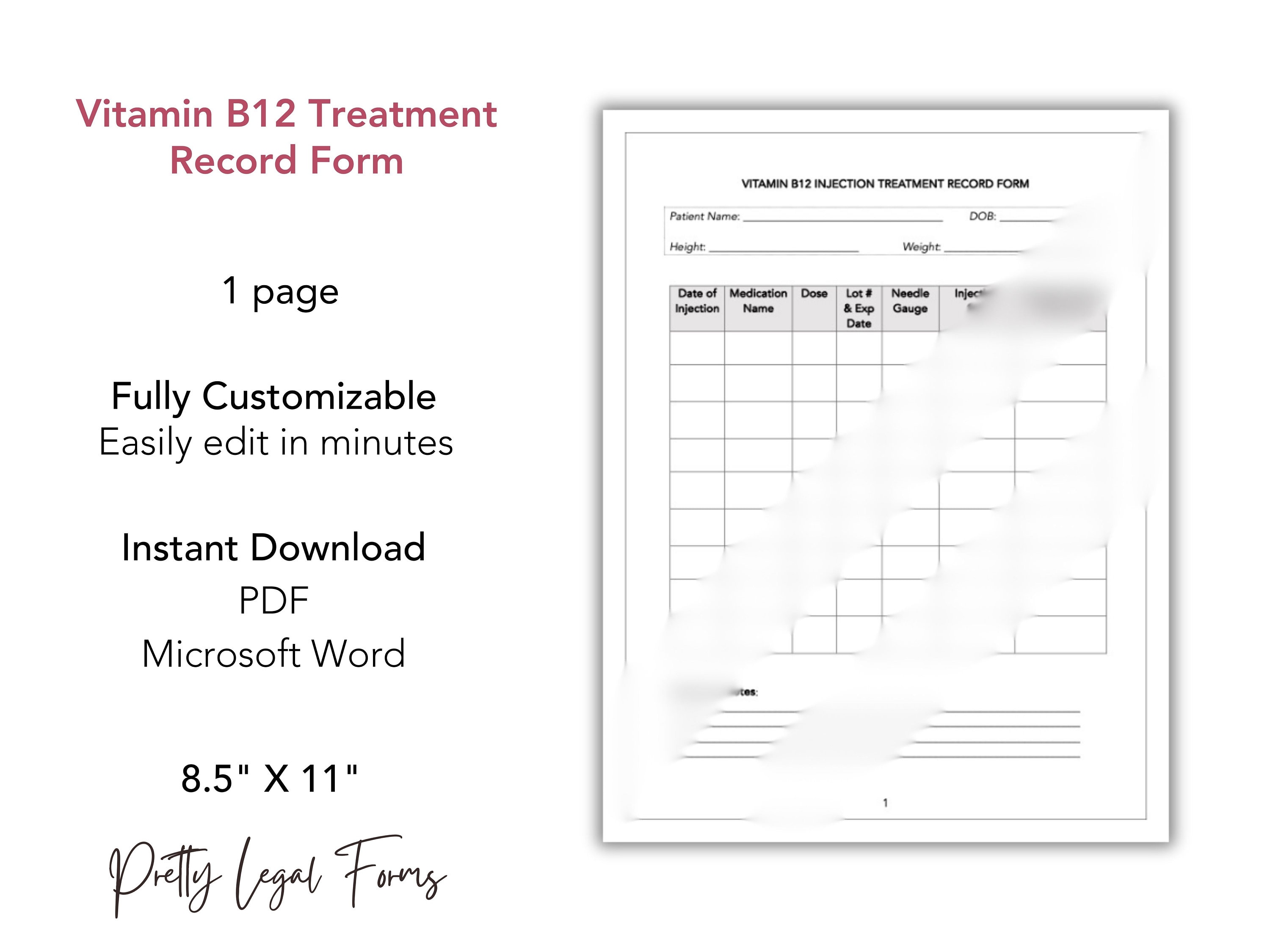 B12 Injection Treatment Record Form, Vitamin B12 Shots Treatment Log ...