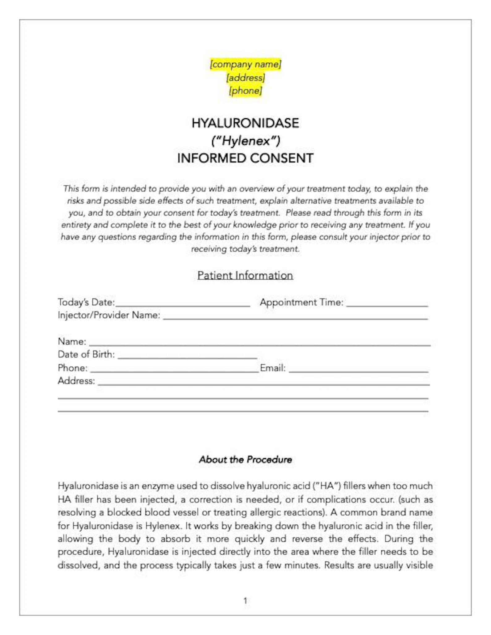 Hyaluronidase Consent Form HA Filler Reversal Hylenex Informed Consent ...