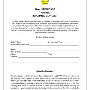 Hyaluronidase Consent Form HA Filler Reversal Hylenex Informed Consent ...