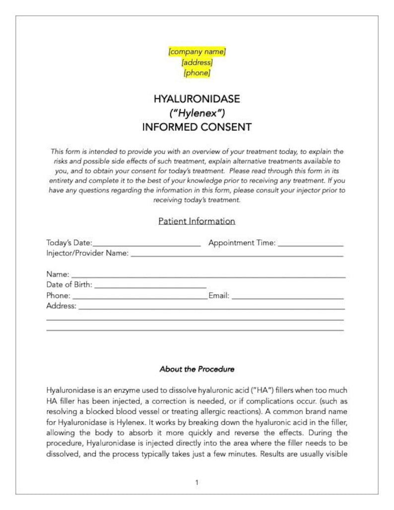 Hyaluronidase Consent Form HA Filler Reversal Hylenex Informed Consent ...