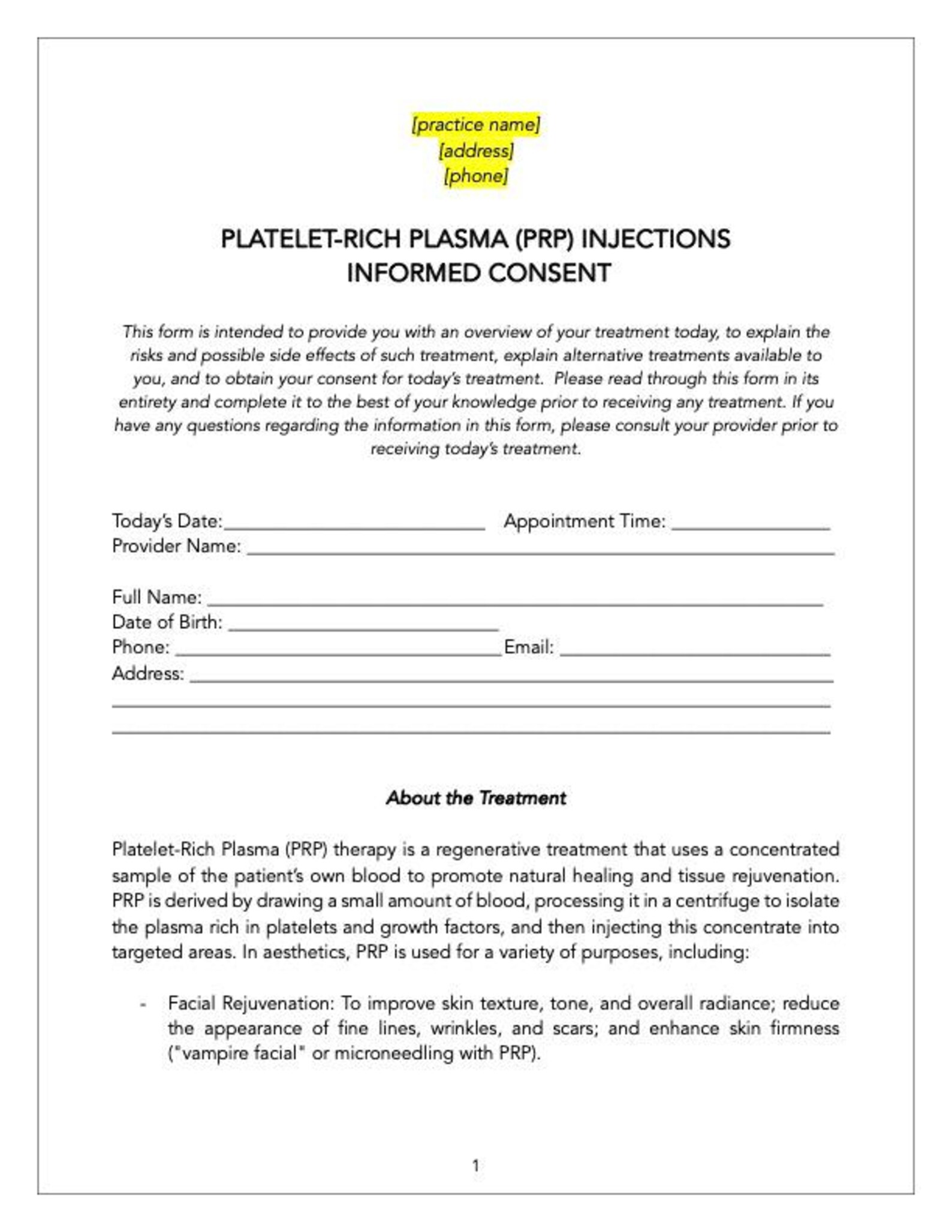 PRP Consent Form Platelet Rich Plasma Informed Consent PRP Injections ...
