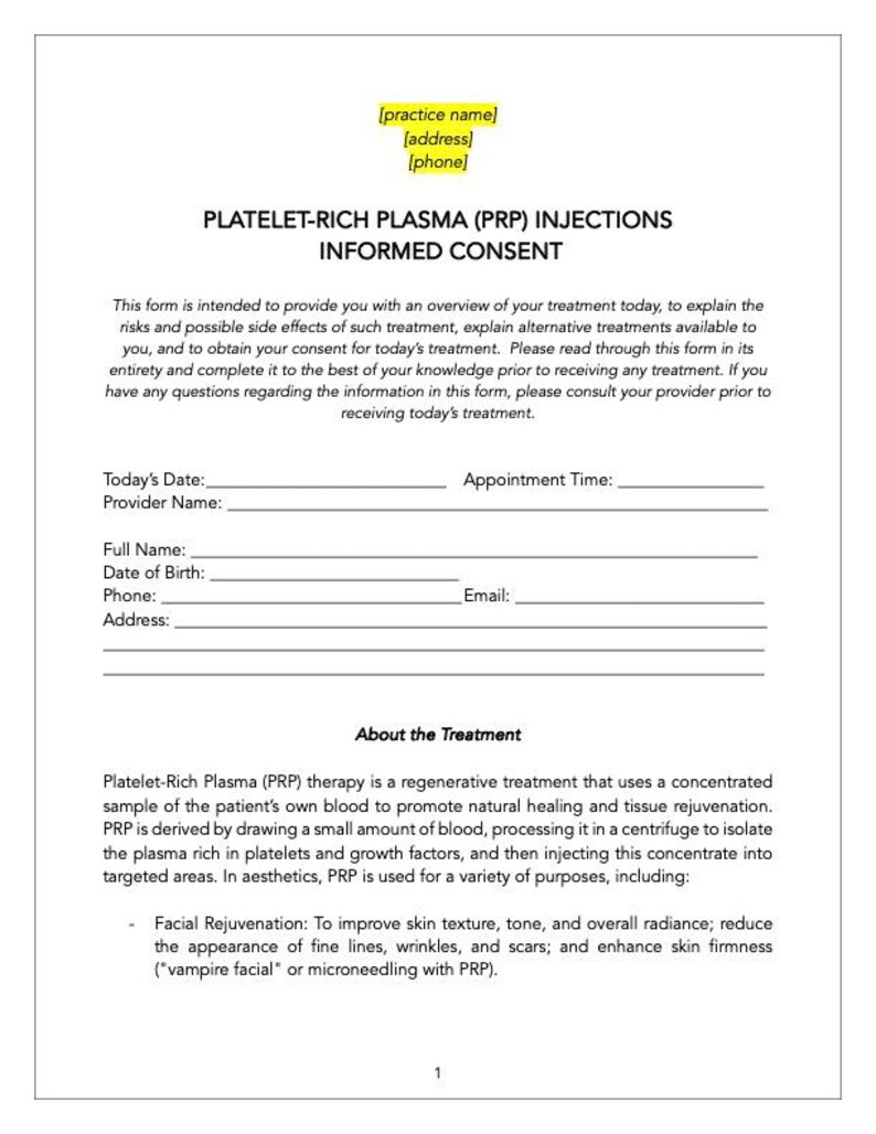 PRP Consent Form Platelet Rich Plasma Informed Consent PRP Injections ...
