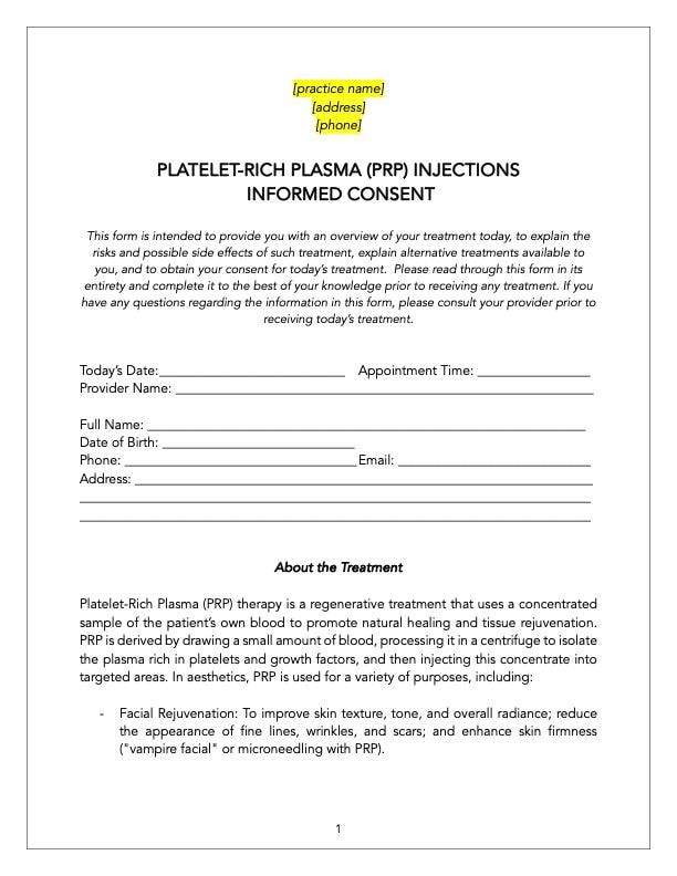 PRP Consent Form Platelet Rich Plasma Informed Consent PRP Injections Template Medical Spa ...