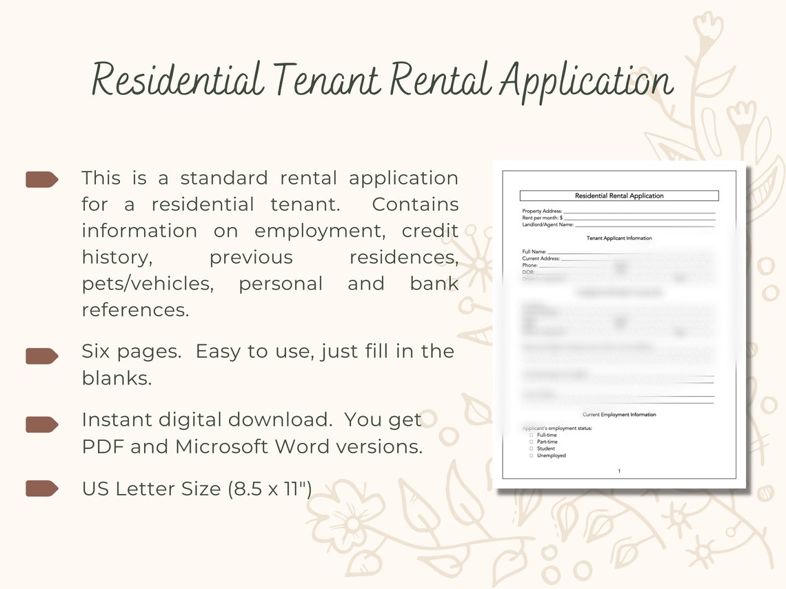 Tenant Rental Application Template, Tenant Lease Questionnaire Form ...
