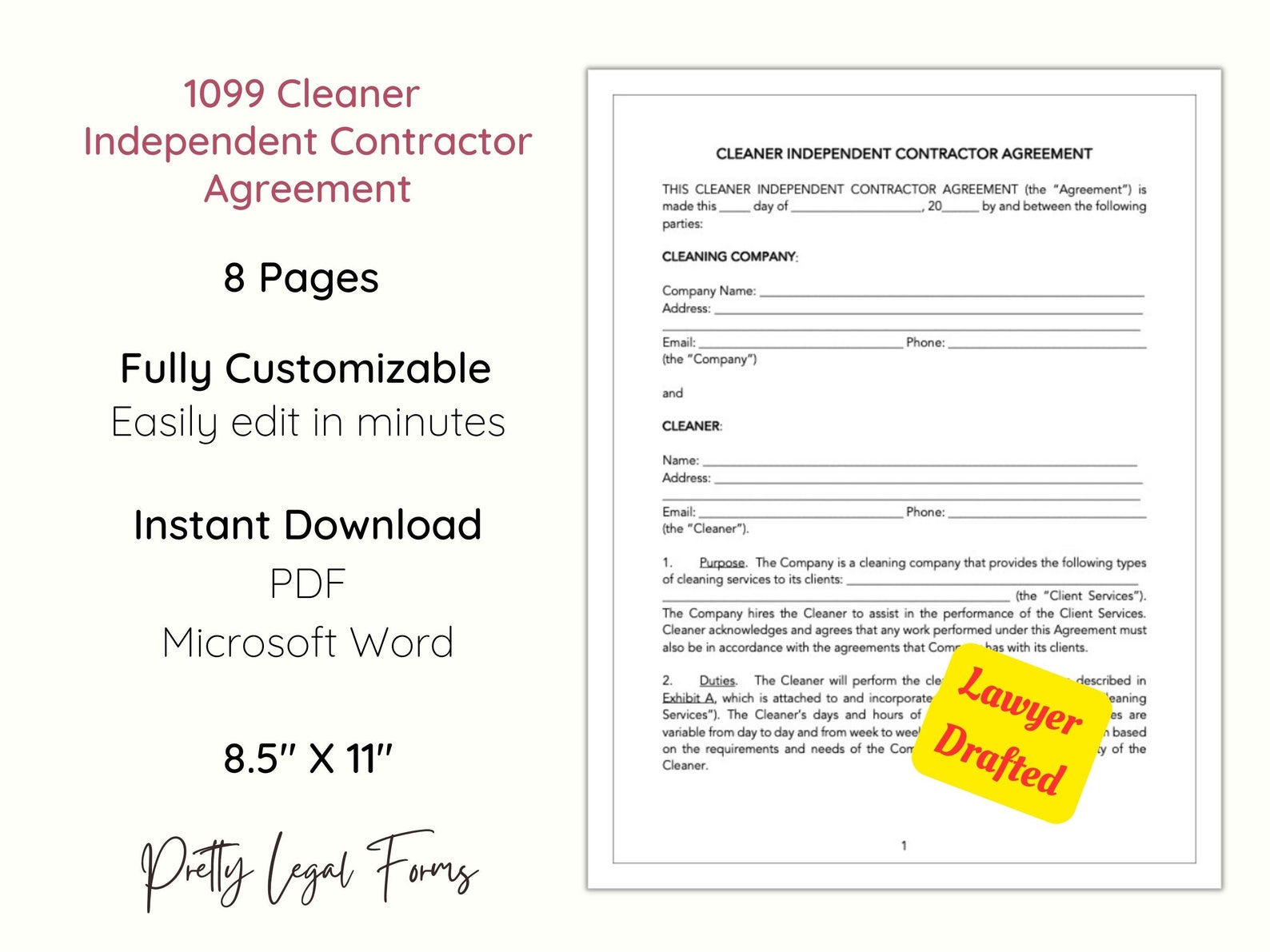 Cleaning Contract 1099 Independent Contractor Agreement for Cleaner ...