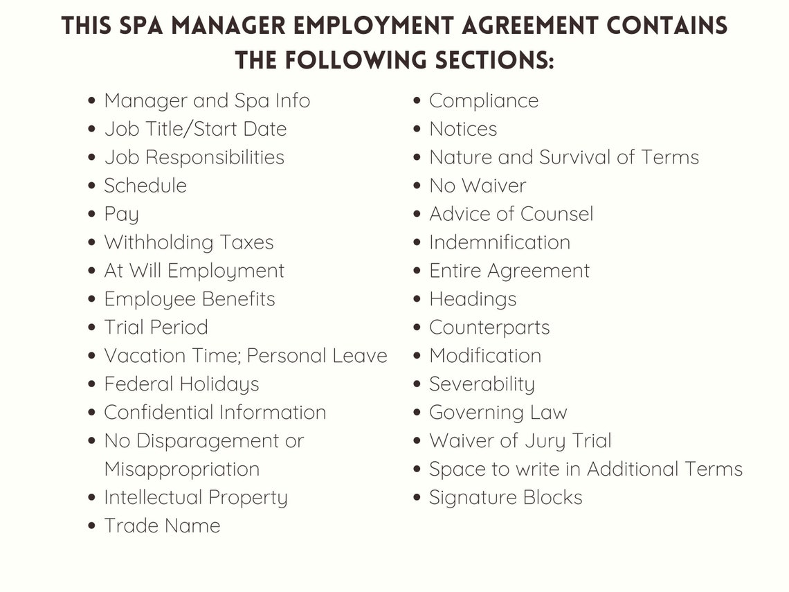 Spa Manager Contract Spa Management Agreement Spa Hiring Forms Spa W2 ...