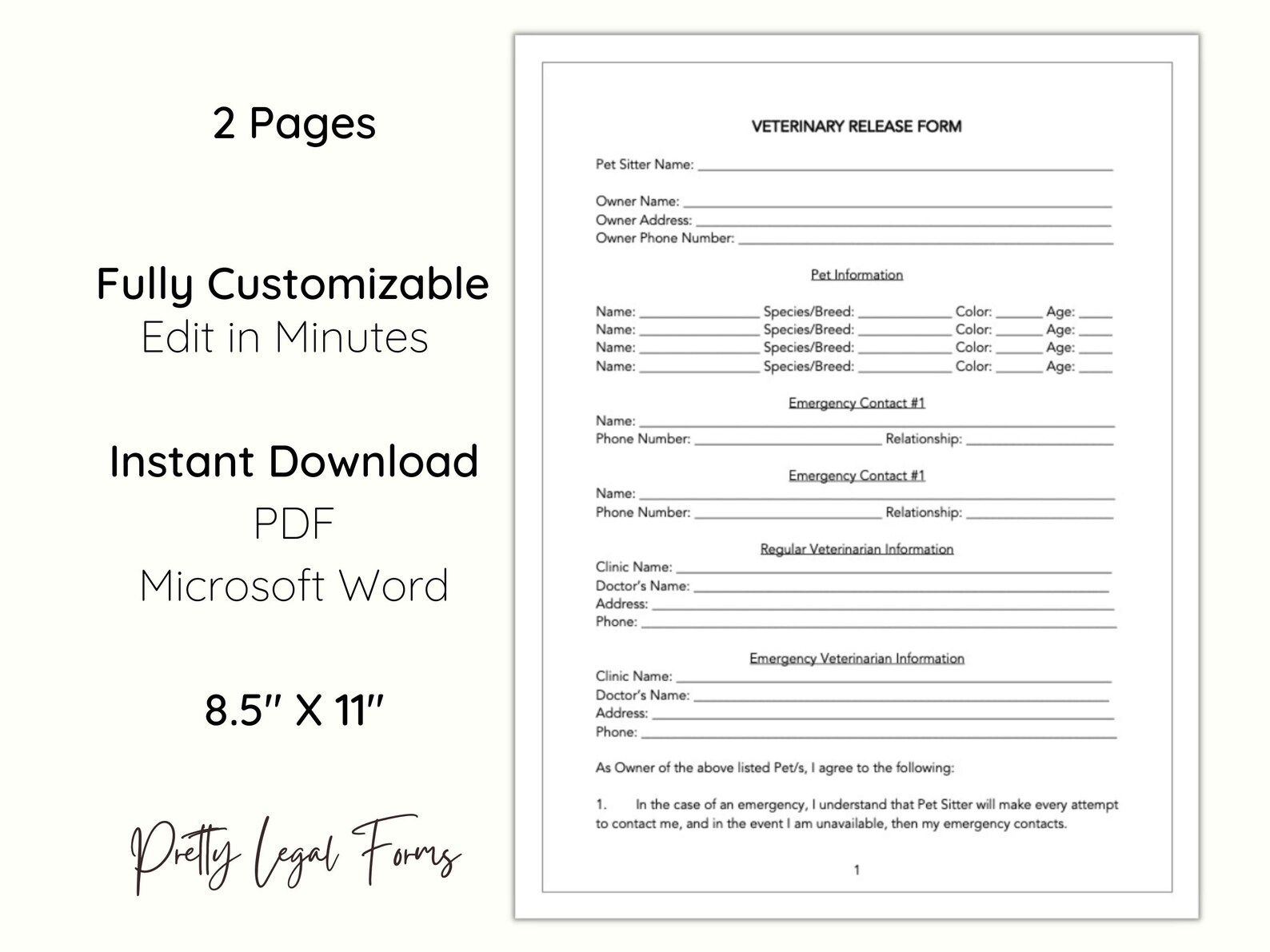 Veterinary Release Form | Pet Medical Consent Legal Template | Pet ...