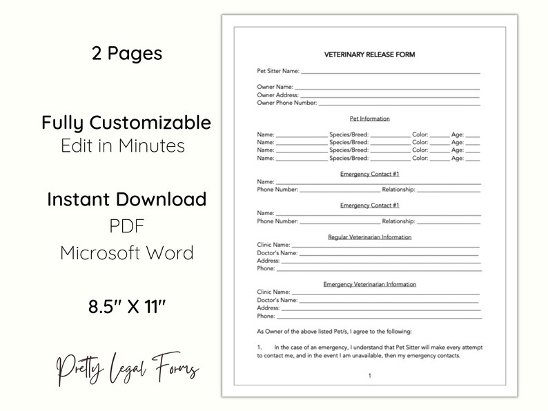 Veterinary Release Form | Pet Medical Consent Legal Template | Pet ...