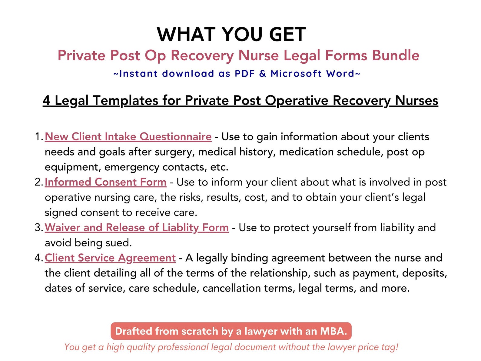Post Op Recovery Nurse Legal Forms Bundle Post Surgery RN Contract Home ...