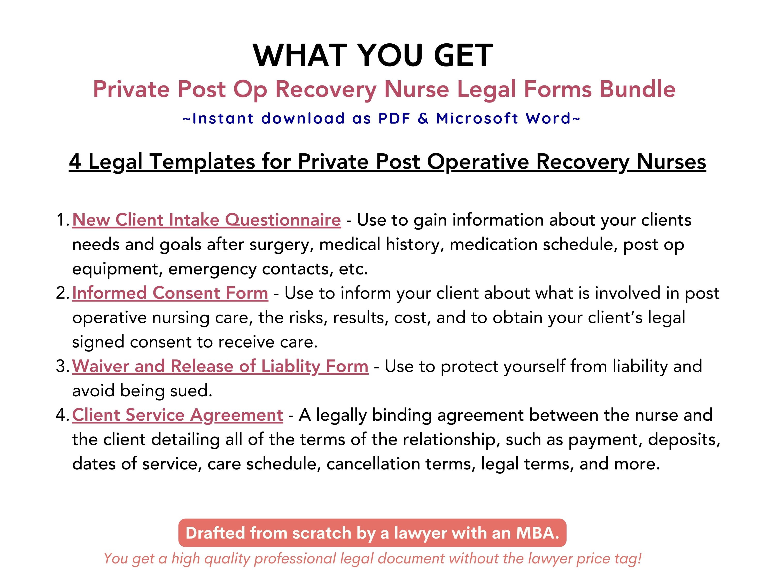 Post Op Recovery Nurse Legal Forms Bundle Post Surgery RN Contract Home ...