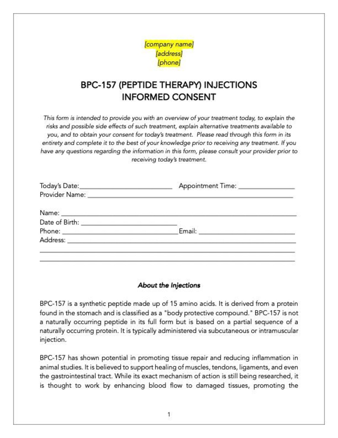BPC-157 Consent Form BPC 157 Injection Informed Consent Template ...