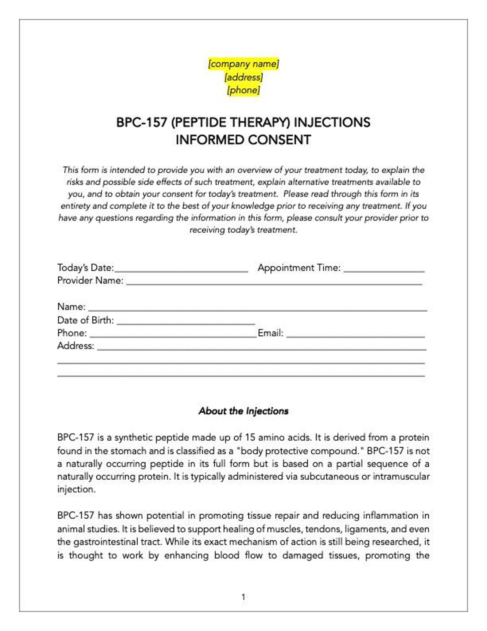 BPC-157 Consent Form BPC 157 Injection Informed Consent Template ...
