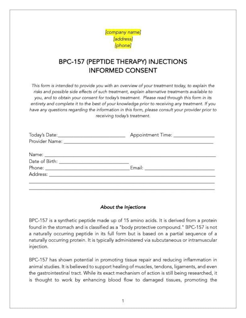 BPC-157 Consent Form BPC 157 Injection Informed Consent Template ...