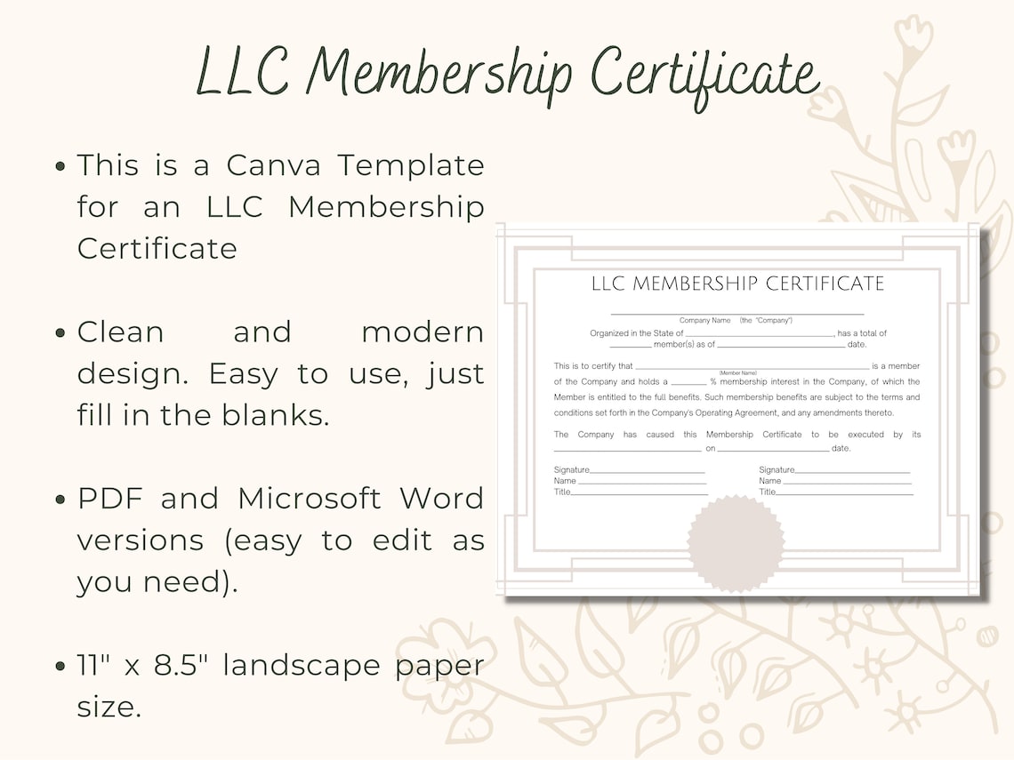 LLC Membership Certificate Canva Template, LLC Share Certificate ...