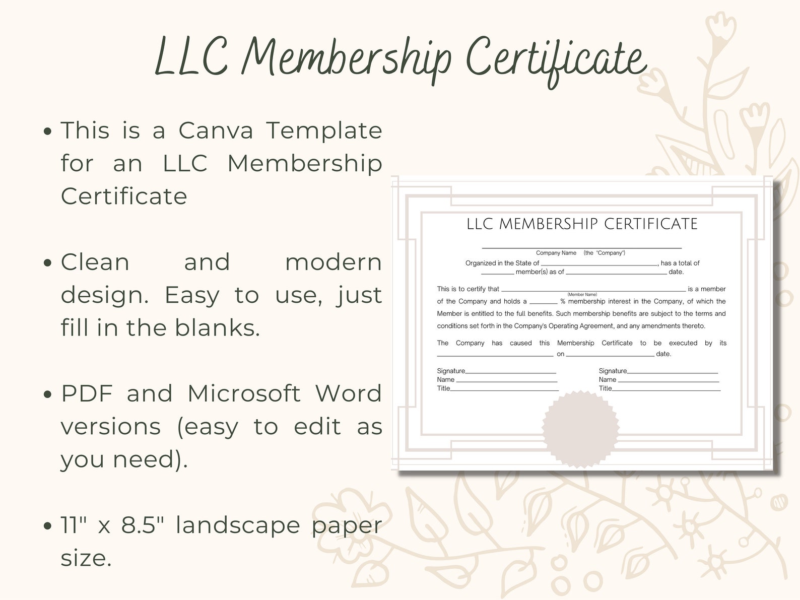 LLC Membership Certificate Canva Template, LLC Share Certificate ...
