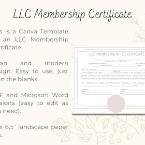 LLC Membership Certificate Canva Template, LLC Share Certificate ...