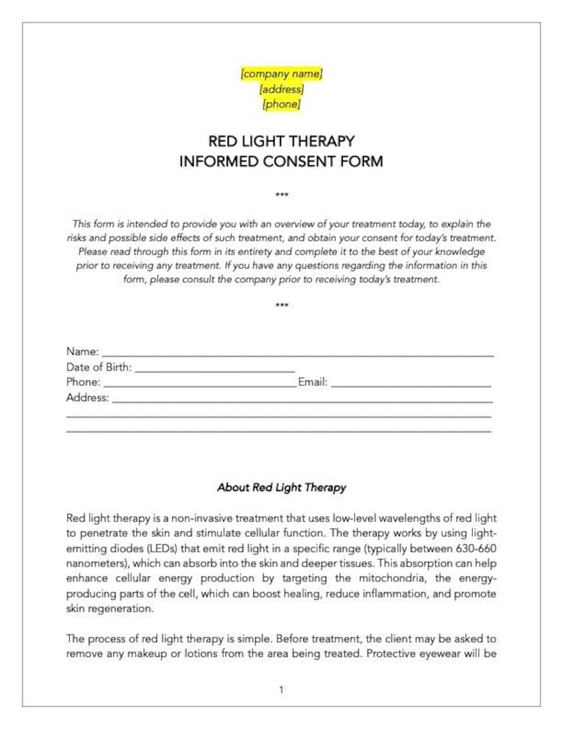 Red Light Therapy Consent Form RLT Informed Consent Template Health ...