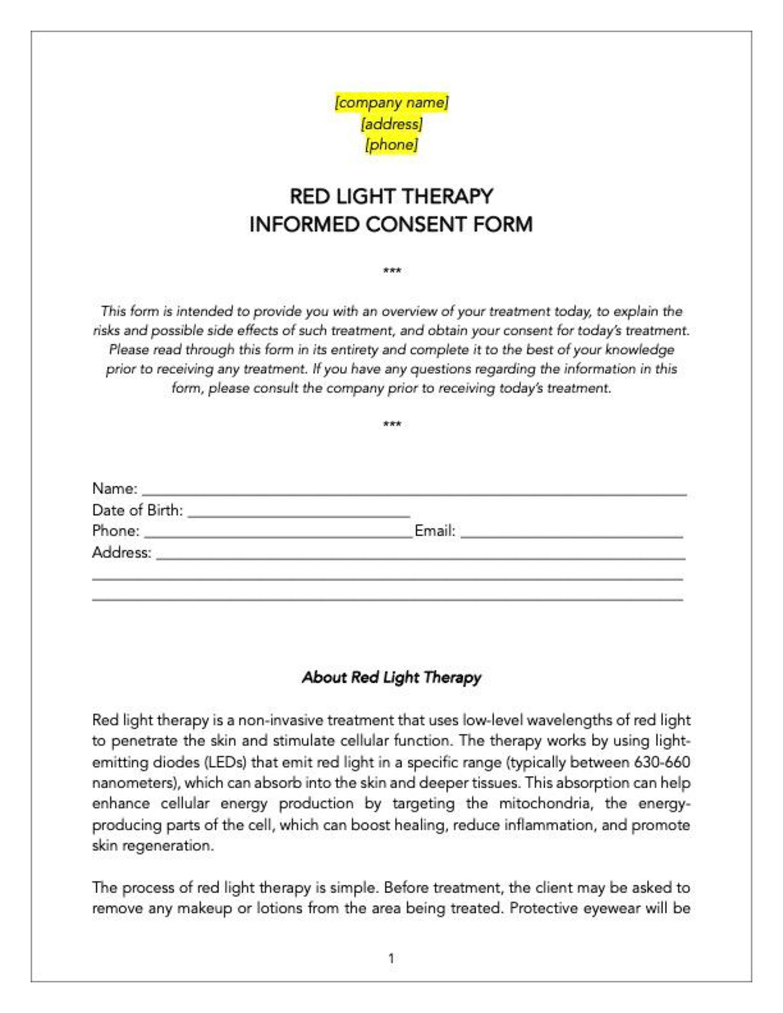 Red Light Therapy Consent Form RLT Informed Consent Template Health ...