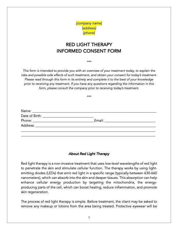 Red Light Therapy Consent Form RLT Informed Consent Template Health ...