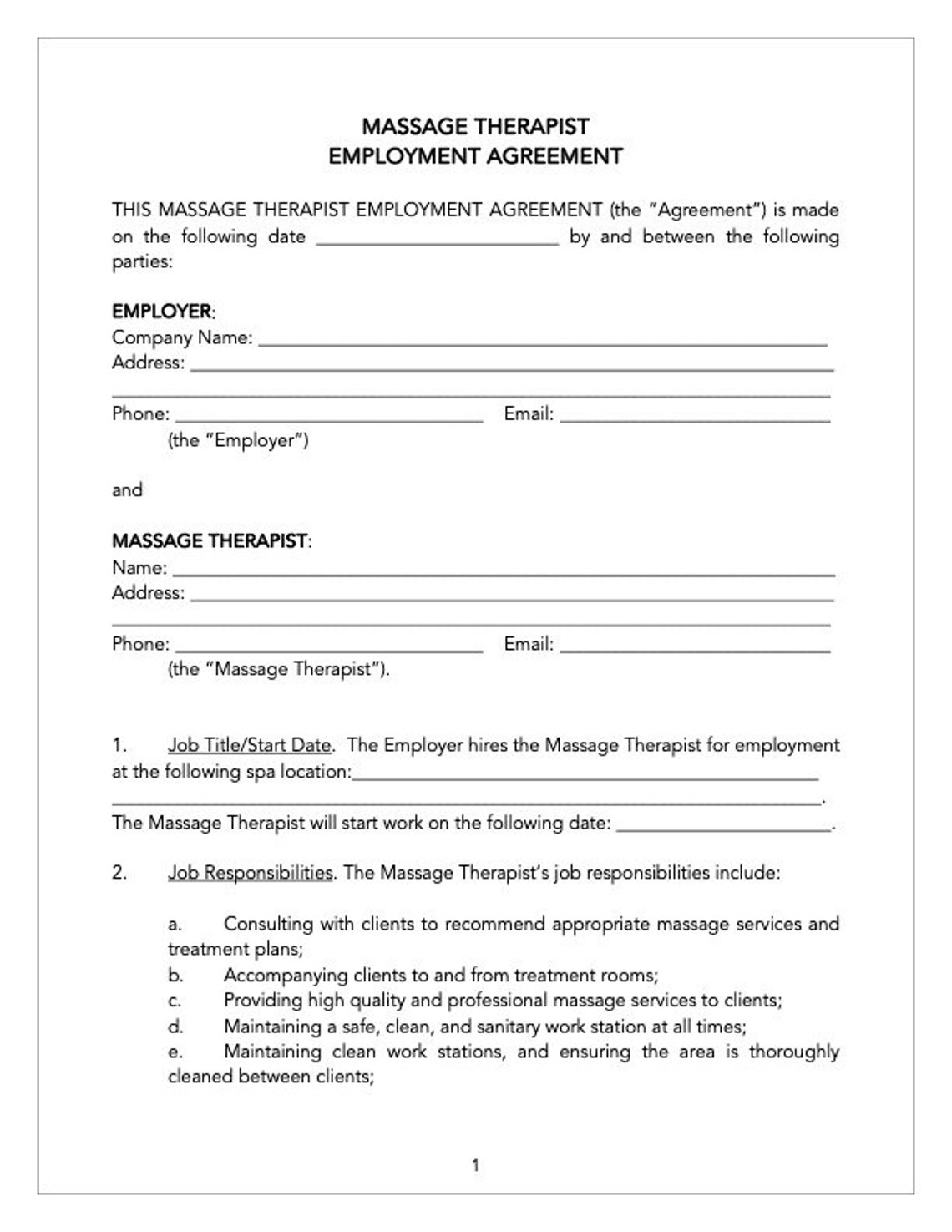 Massage Therapist Contract, Massage Therapist Employment Agreement, Spa ...