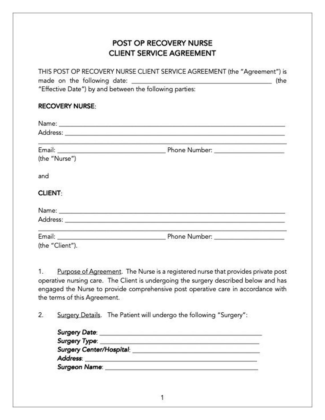 Post Op Recovery Nurse Client Service Agreement, Post Surgery RN ...