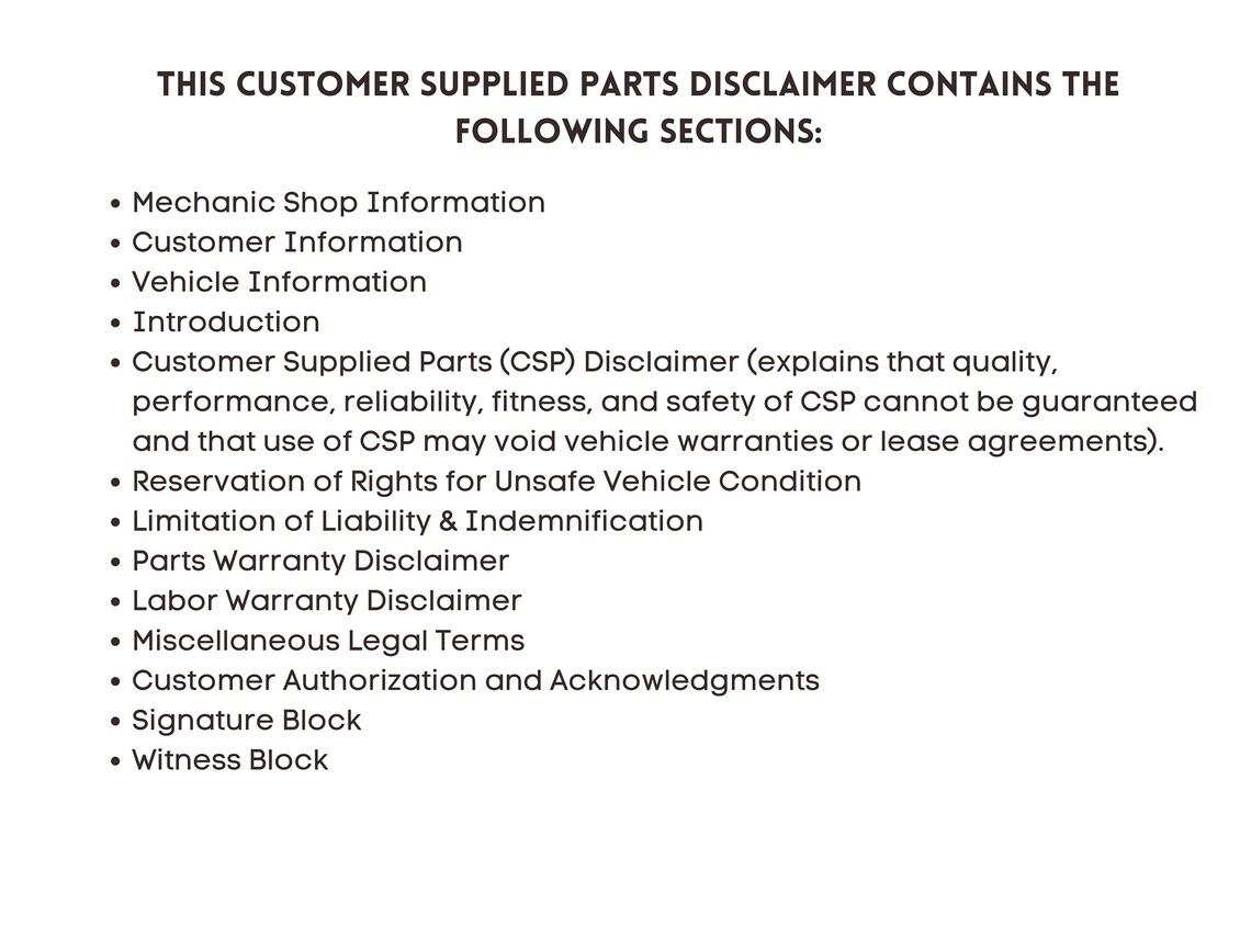 Customer Supplied Parts Disclaimer Template, Mechanic Waiver Form, Auto ...