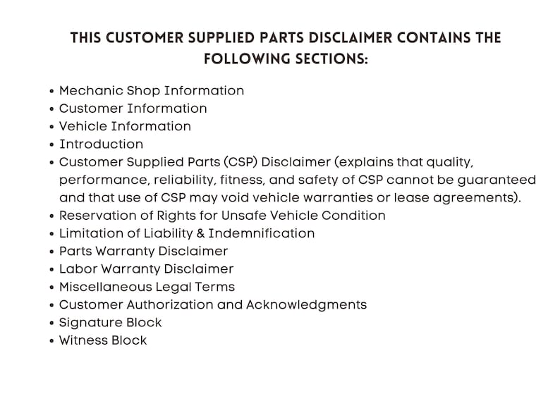 Customer Supplied Parts Disclaimer Template, Mechanic Waiver Form, Auto ...