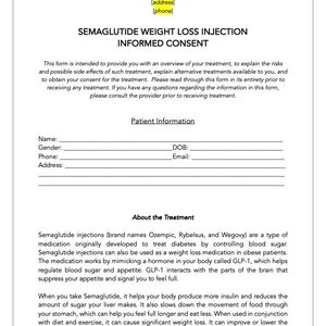 Semaglutide Consent Form Weight Loss Injection Intake Forms, Fat Loss ...