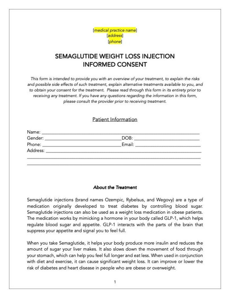 Semaglutide Consent Form Weight Loss Injection Intake Forms, Fat Loss ...