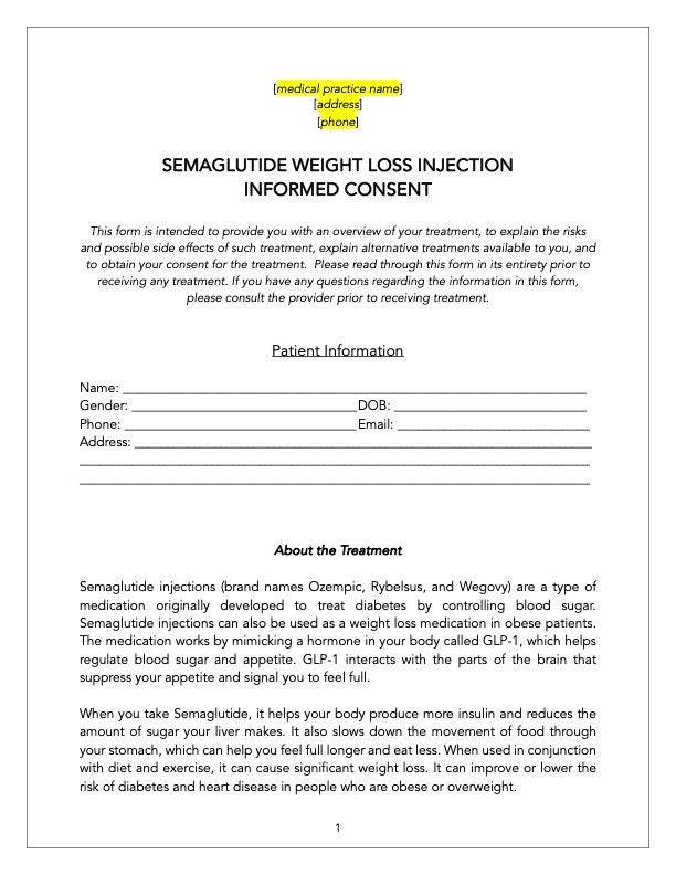 Semaglutide Consent Form Weight Loss Injection Intake Forms, Fat Loss ...